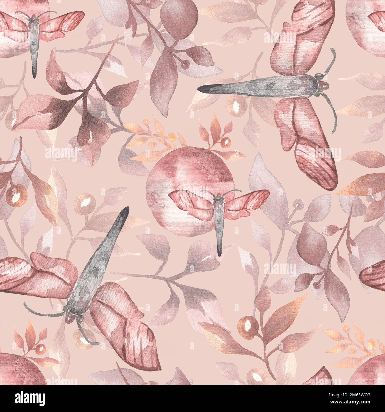 Seamless watercolor pattern with night moth and floral in trendy ...