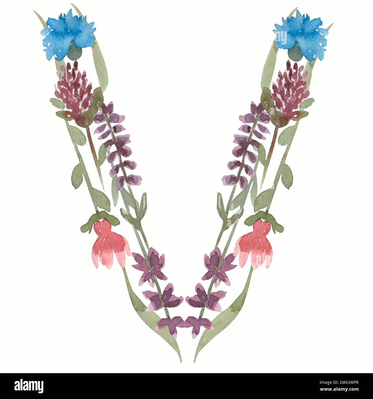 Watercolor Floral Monogram Letter V. hand drawn ABC alphabet ...