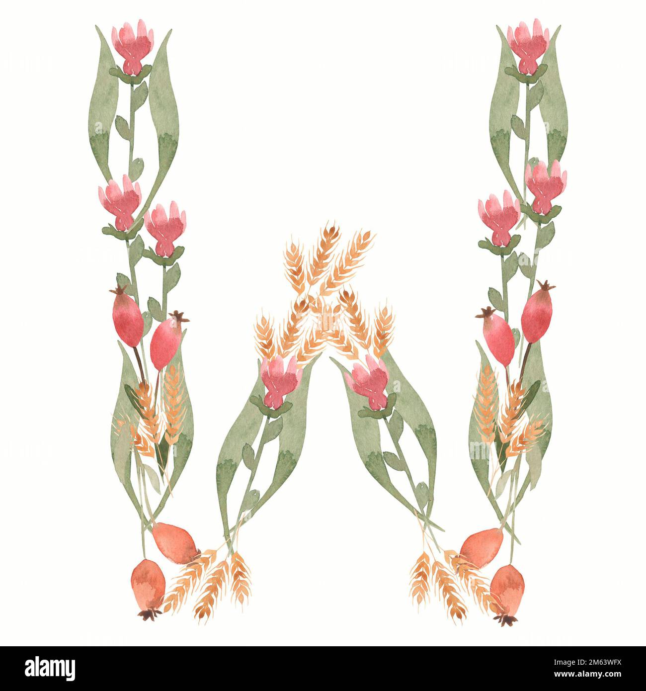 Watercolor Floral Monogram Letter W. hand drawn ABC alphabet ...