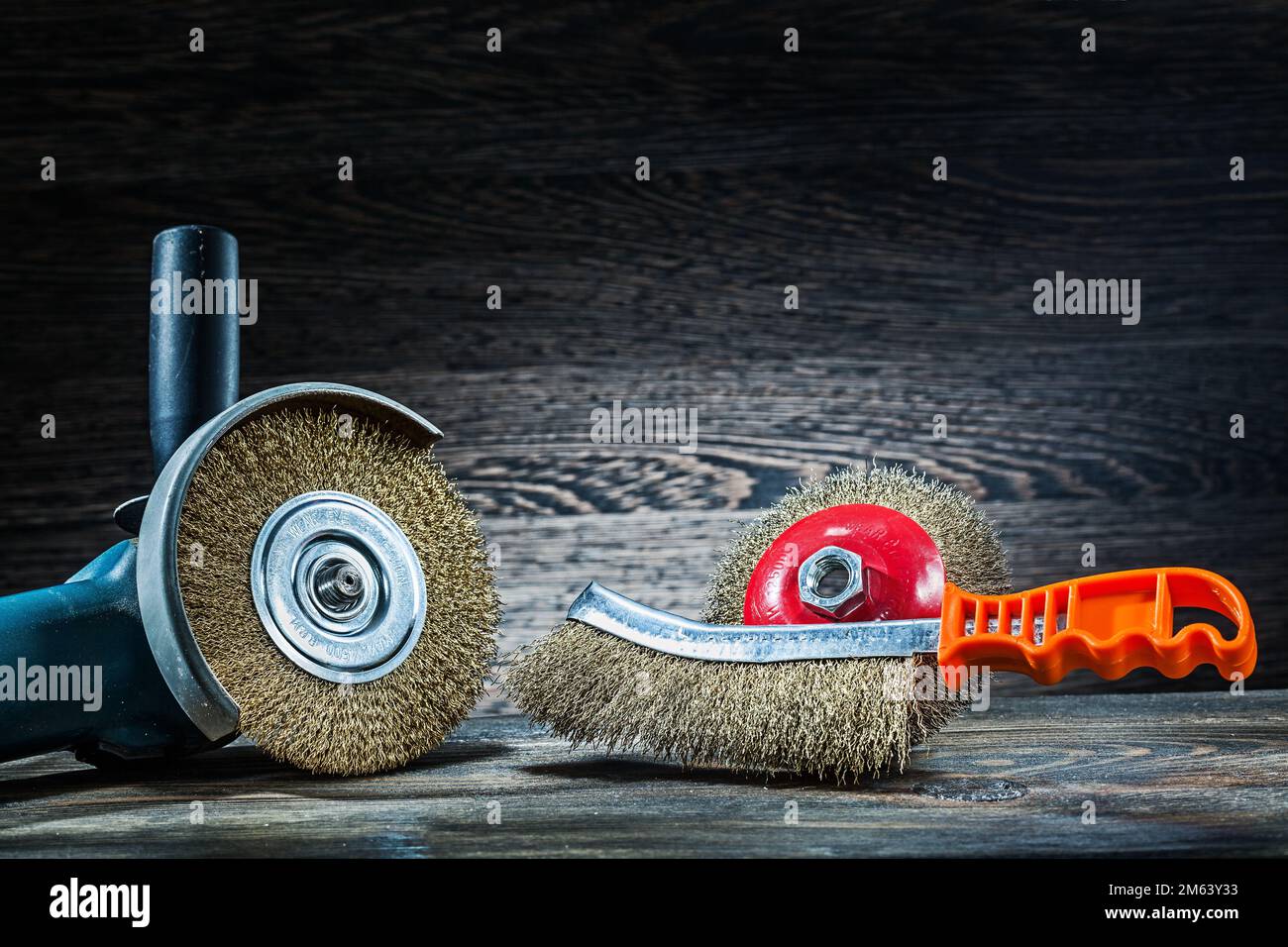 angle grinder with abrasive wire tools on vintage wood Stock Photo - Alamy