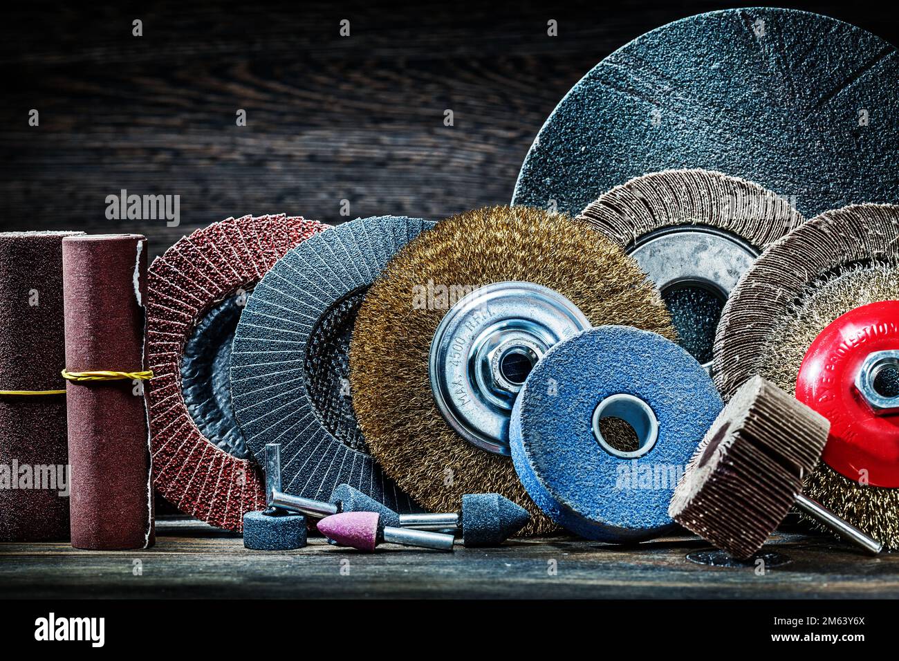 big set of abrasive tools on vintage wood background Stock Photo - Alamy