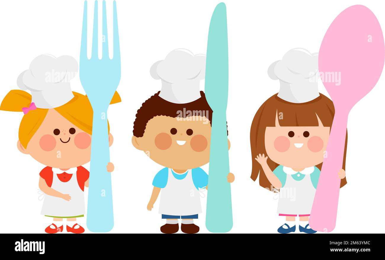 Children chefs holding a fork, a knife and a spoon. Vector illustration ...