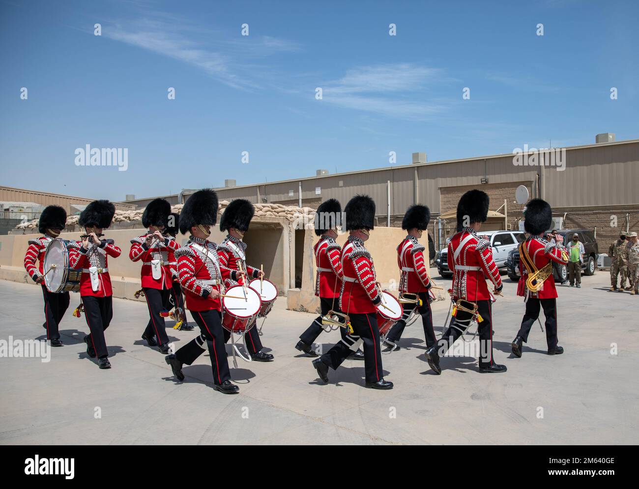 1st Battalion Welsh Guards, Corps of Drums, marches into their ...
