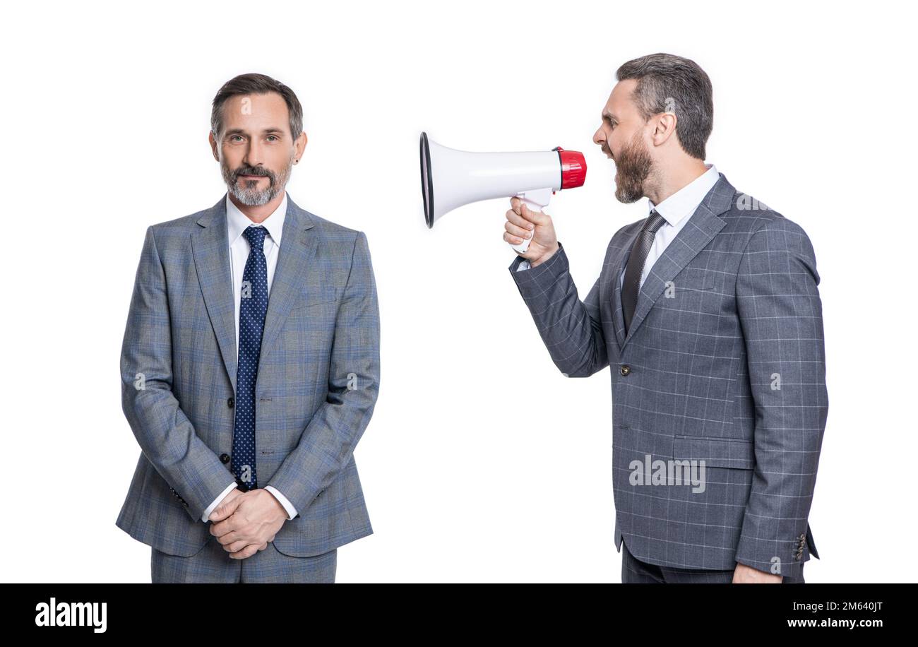 businessmen ignore shouting in megaphone isolated on white. businessmen ...