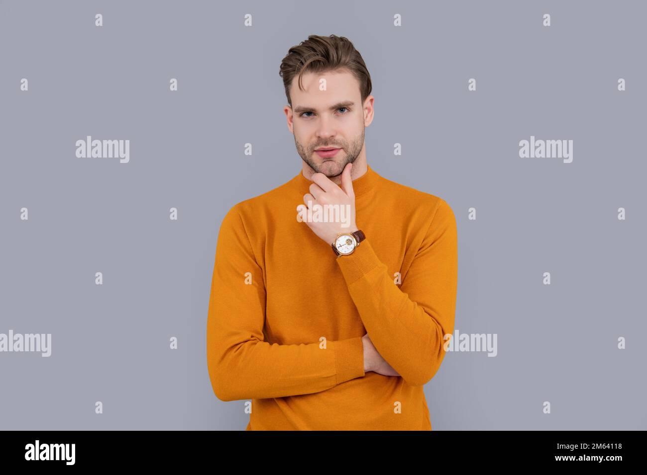 Man isolated on grey. Handsome man grey background. Serious man ...