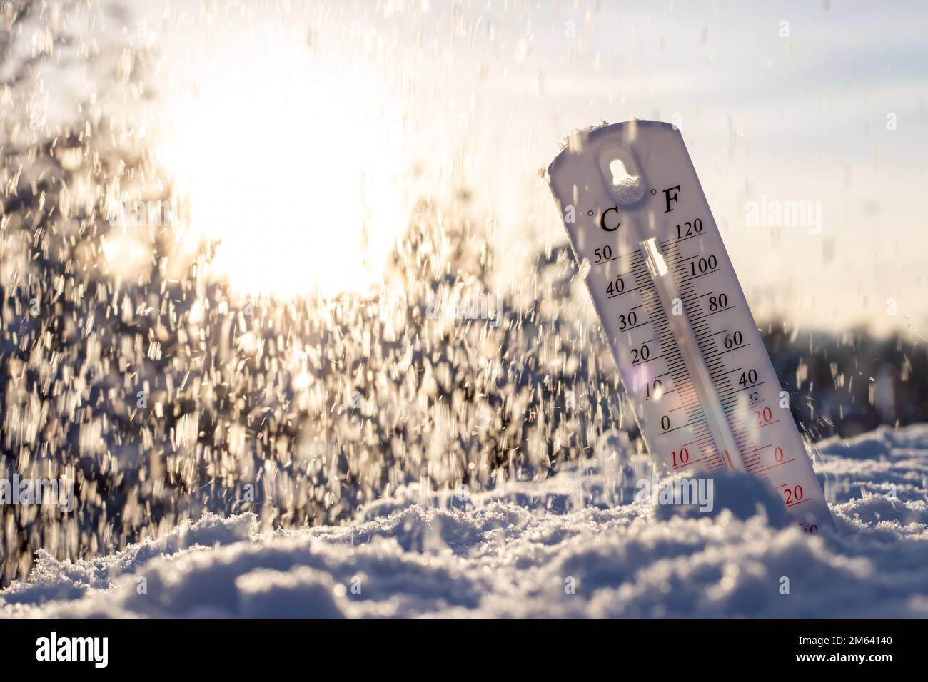 Thermometer in the snow. Extreme cold temperature at winter Stock Photo ...