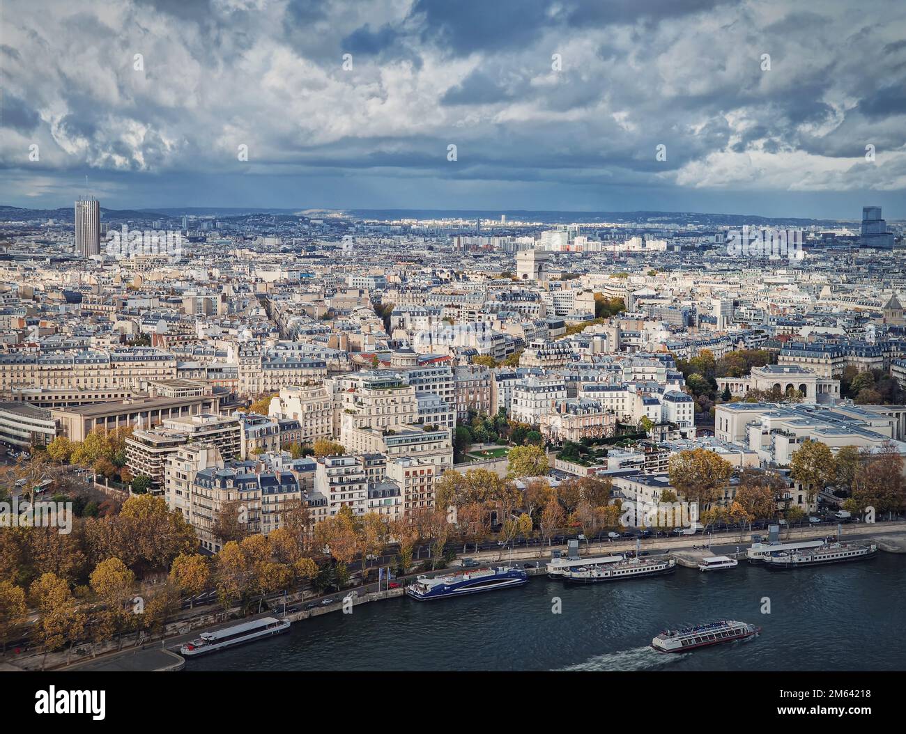 Paris city aerial sightseeing view over the Seine river. Beautiful ...