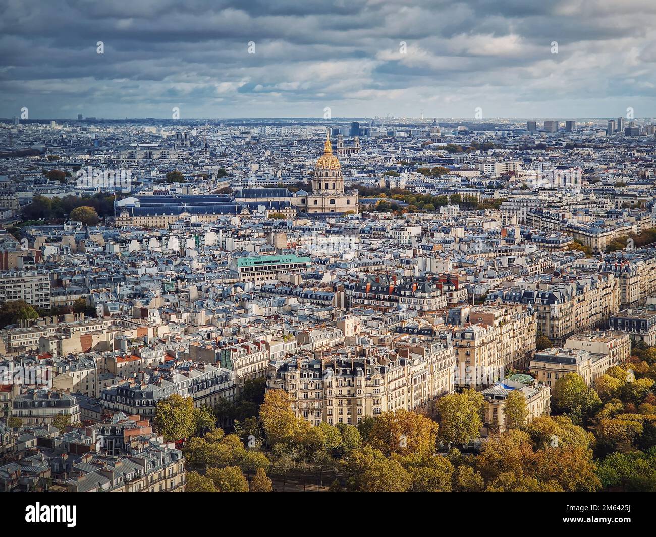 Aerial view of Paris cityscape, France. Les Invalides building with ...