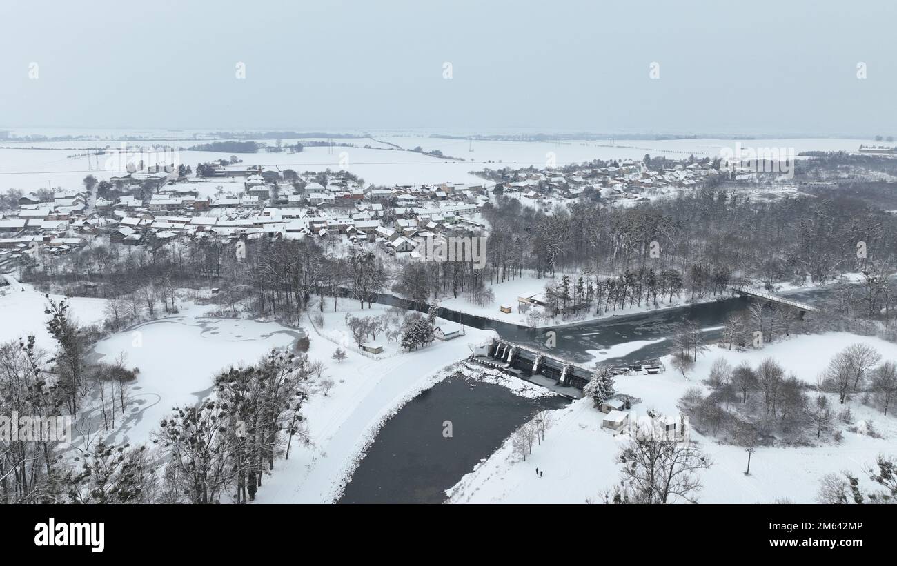 Village winter frost and snow magic snowy icing ice Bolelouc. Weir ...
