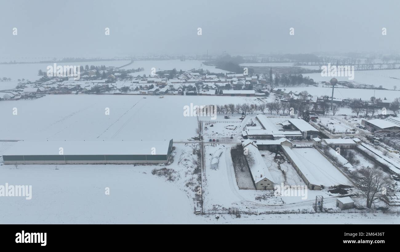 Agricultural farm winter frost snow drone aerial for breeding cattle ...