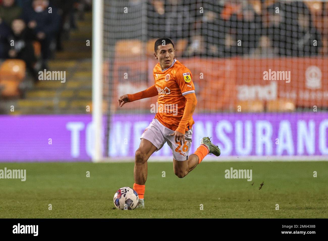 Ian Poveda #26 of Blackpool in action during the Sky Bet Championship ...