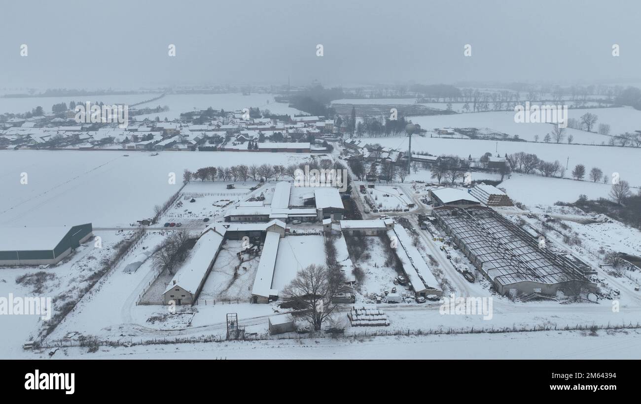 Agricultural farm winter frost snow drone aerial for breeding cattle ...