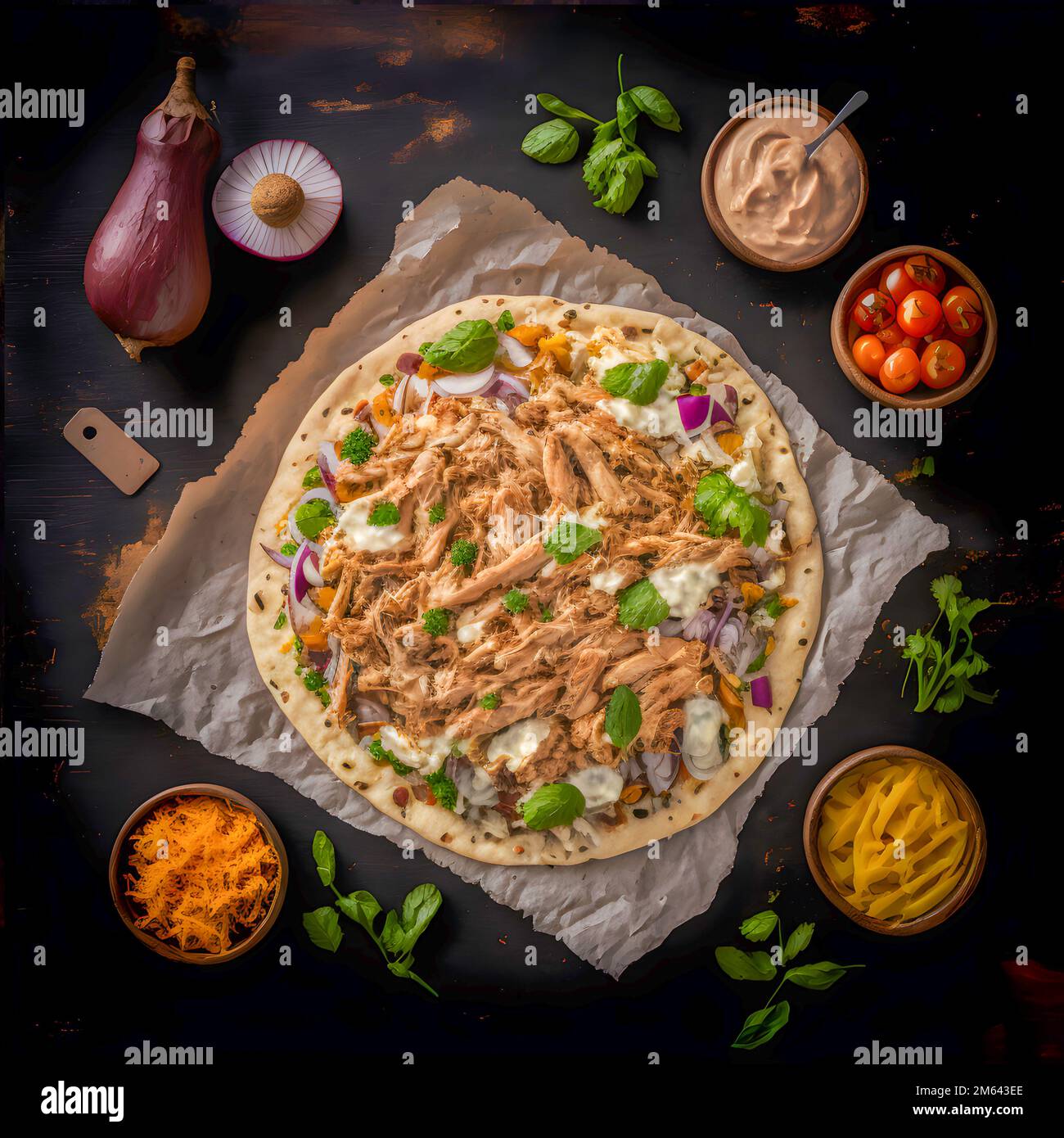 Pita Pizza with Spiced Chicken Shawarma and Toppings street food ...