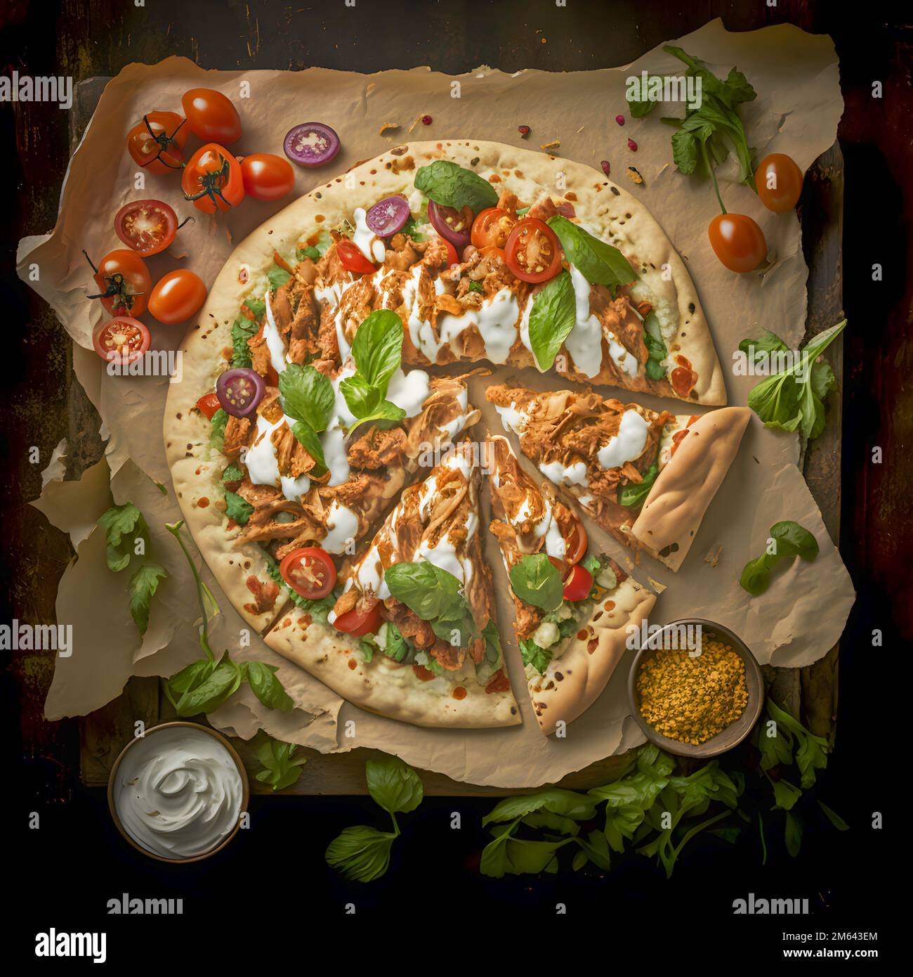 Pita Pizza with Spiced Chicken Shawarma and Toppings street food ...