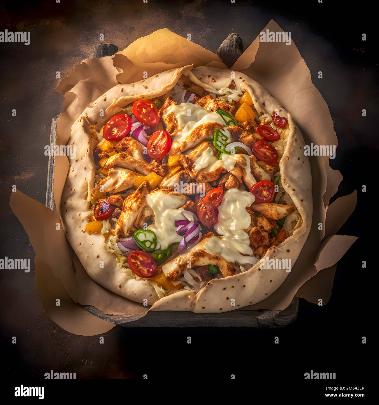 Pita Pizza with Spiced Chicken Shawarma and Toppings street food ...