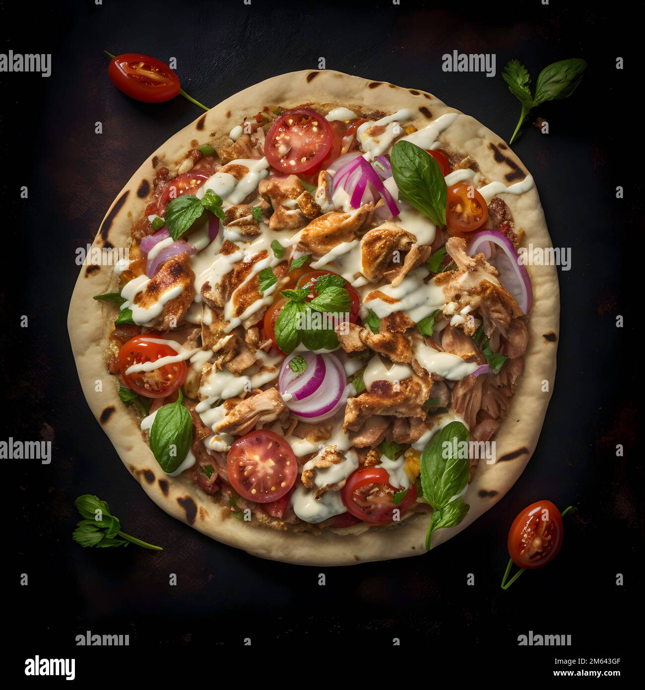 Pita Pizza with Spiced Chicken Shawarma and Toppings street food ...