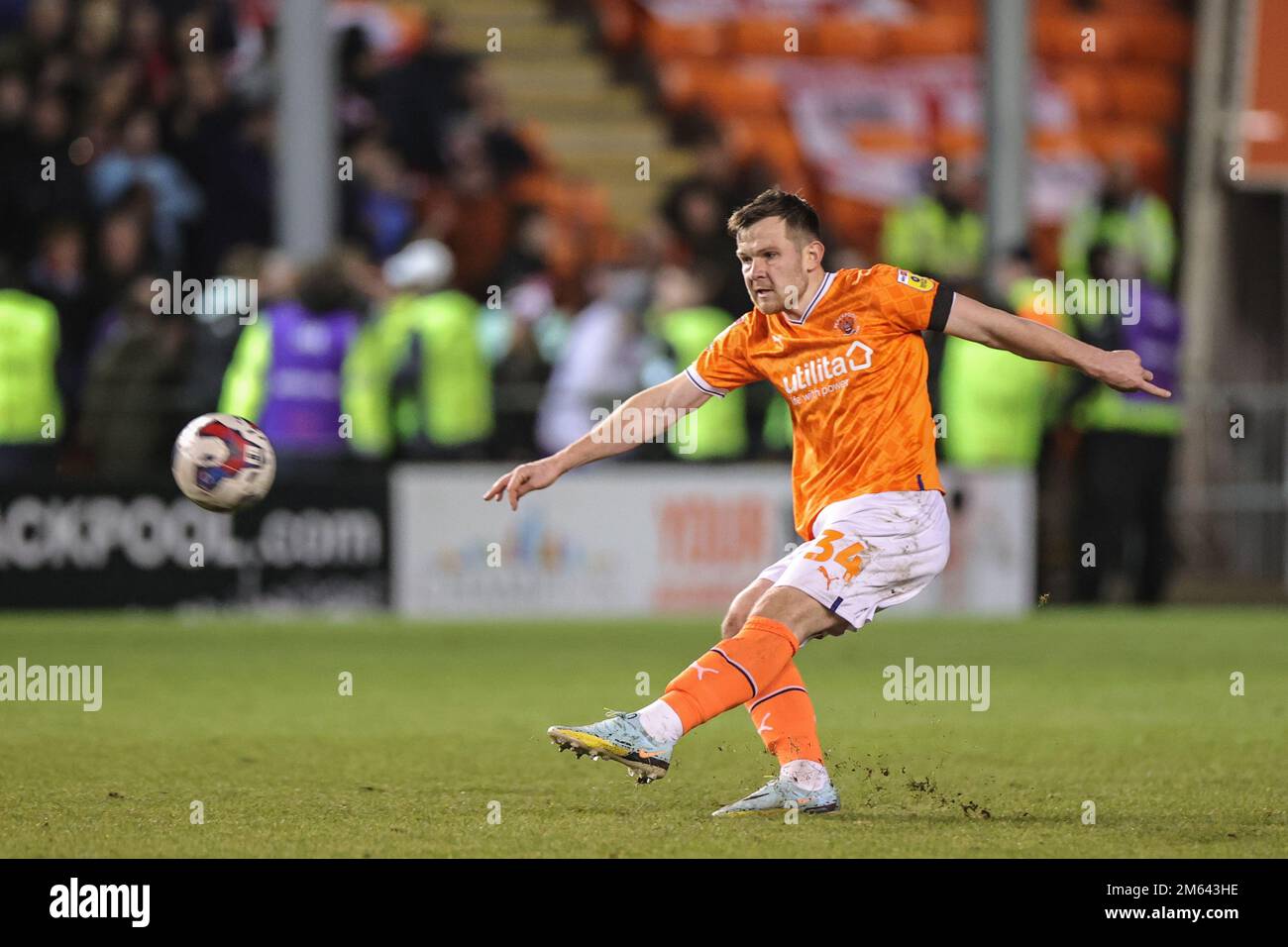Jordan Thorniley #34 of Blackpool in action during the Sky Bet ...