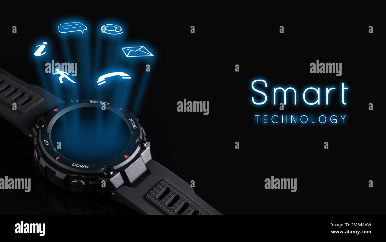 Black smart watch with hologram of service icons. Modern technology ...