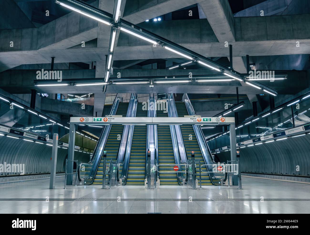 The Escalator at Fovam ter metro line 4 station in Budapest, Hungary ...