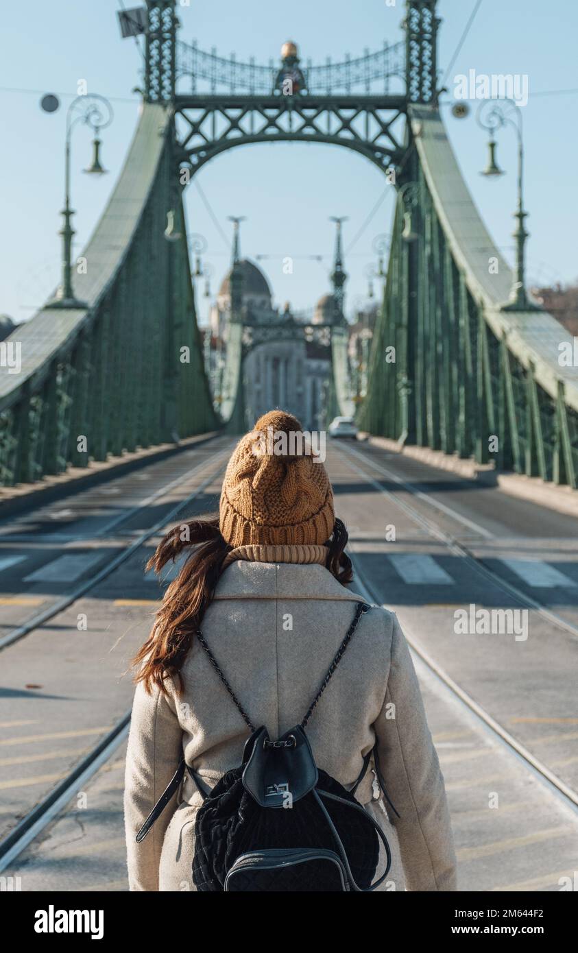 A vertical shot of the woman from behind standing in front of Liberty ...