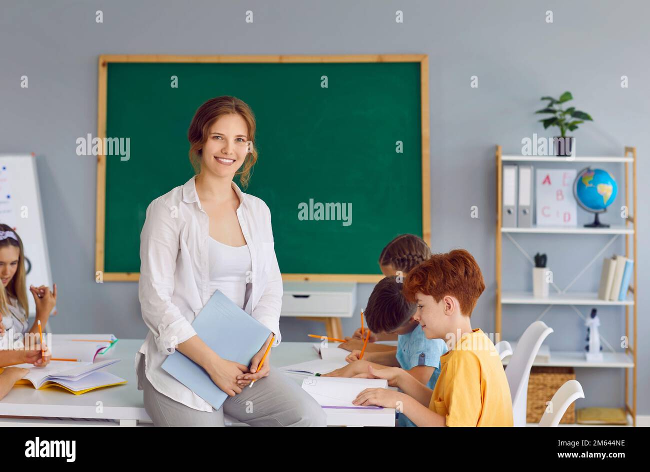 Portrait of beautiful smiling female teacher in school classroom on ...
