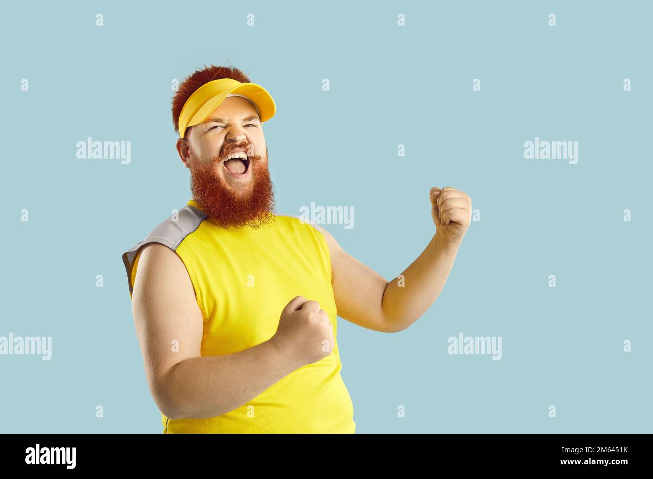 Funny happy fat athlete celebrating sports victory, fist pumping and ...