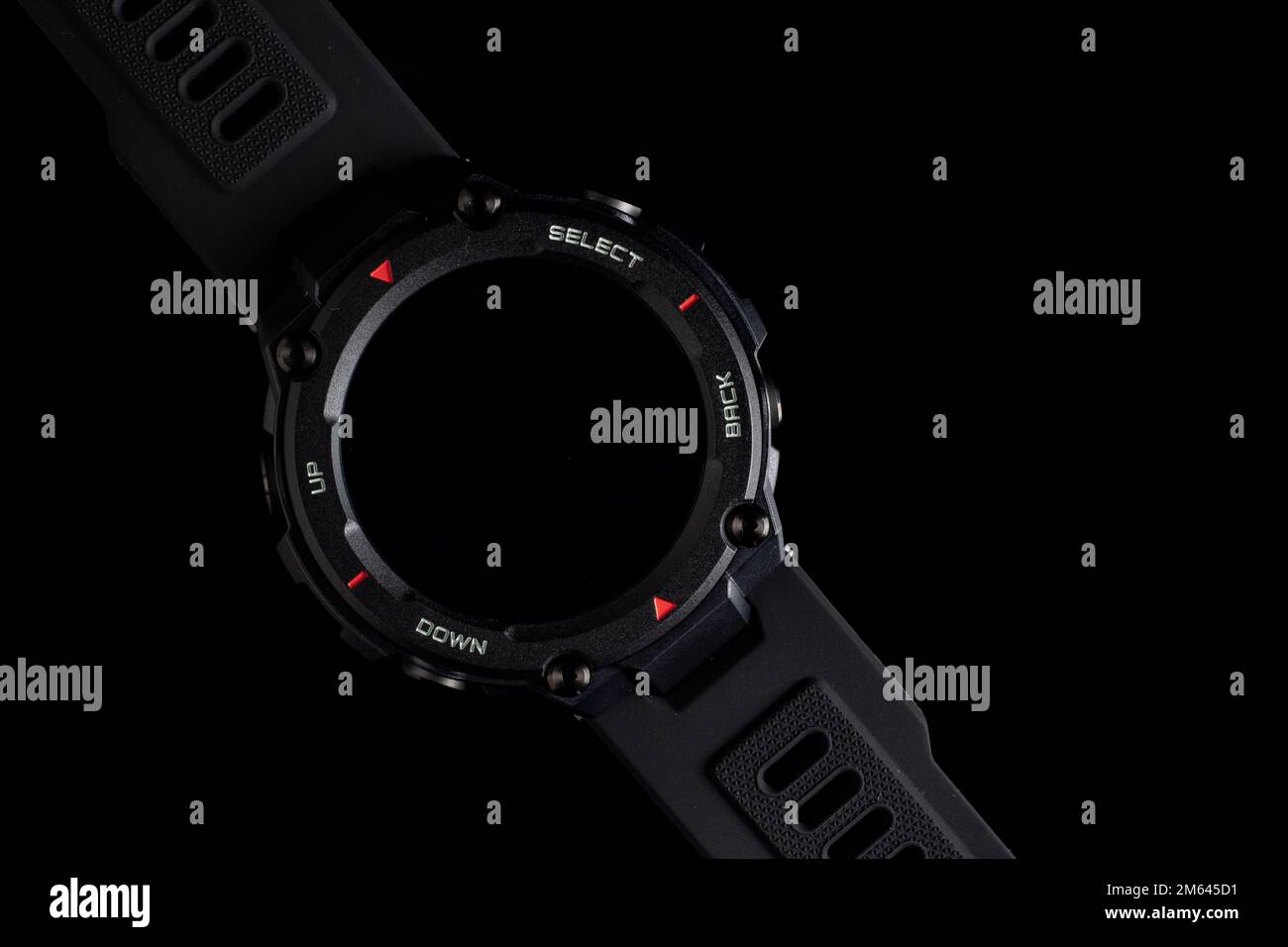 Smart watch concept on black background, display turned off Stock Photo ...