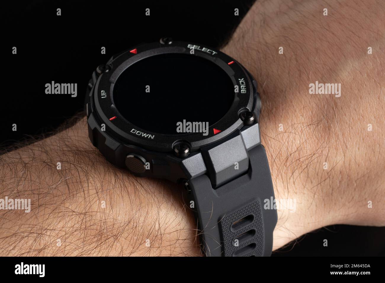 Human hand wearing smart watch. Wearable gadget concept Stock Photo - Alamy