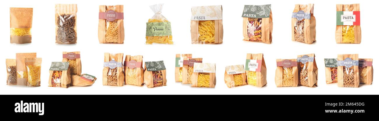 Collage of different types of Italian pasta in bags on white background ...