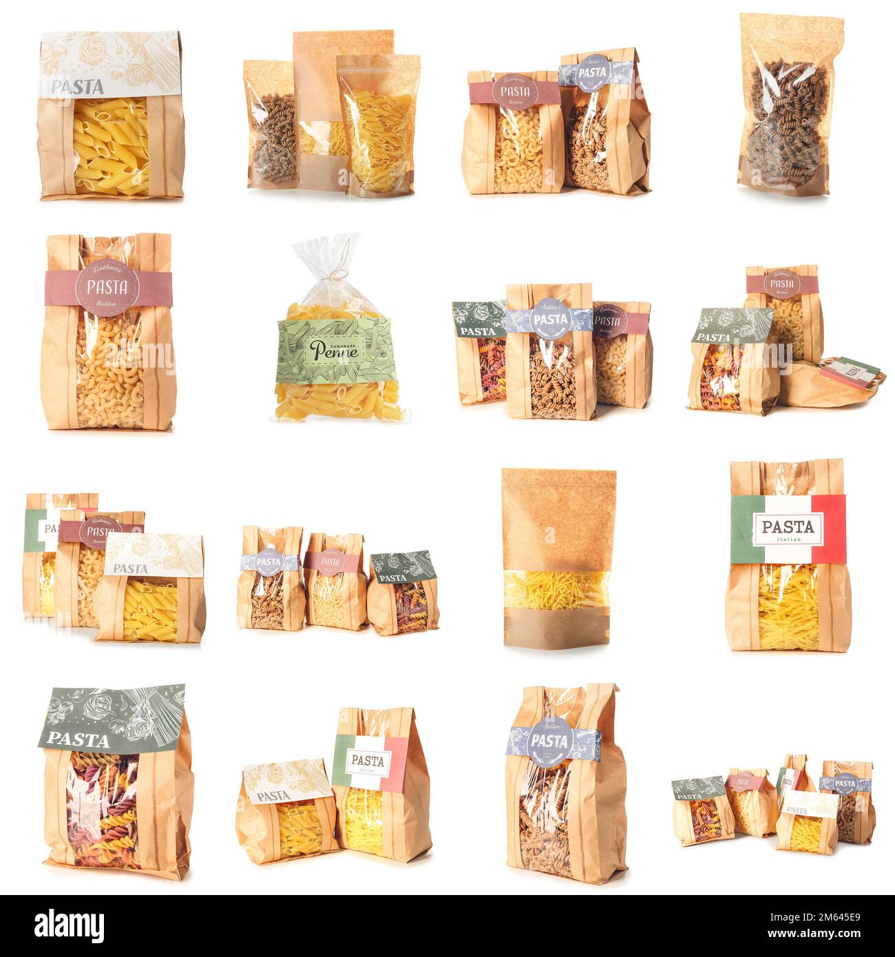 Collection of different types of Italian pasta in bags on white ...