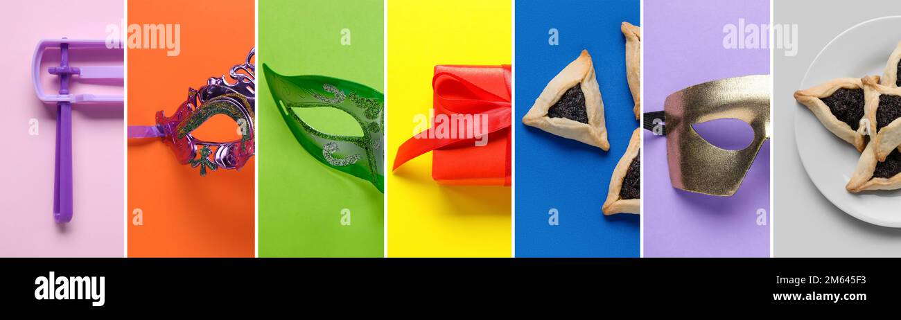 Set of traditional symbols of Purim on color background Stock Photo - Alamy