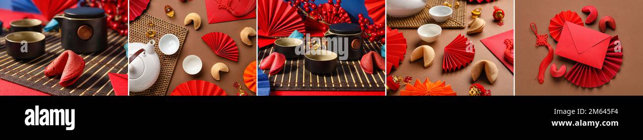 Collection of tasty fortune cookies with tea and Chinese symbols of New ...