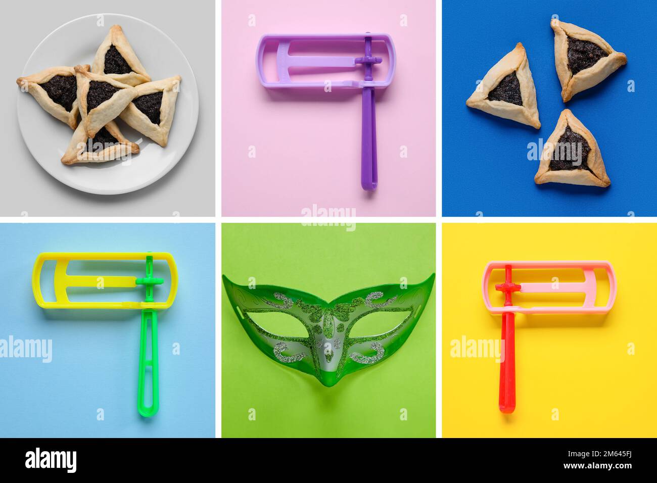 Collage of traditional symbols of Purim on color background Stock Photo ...
