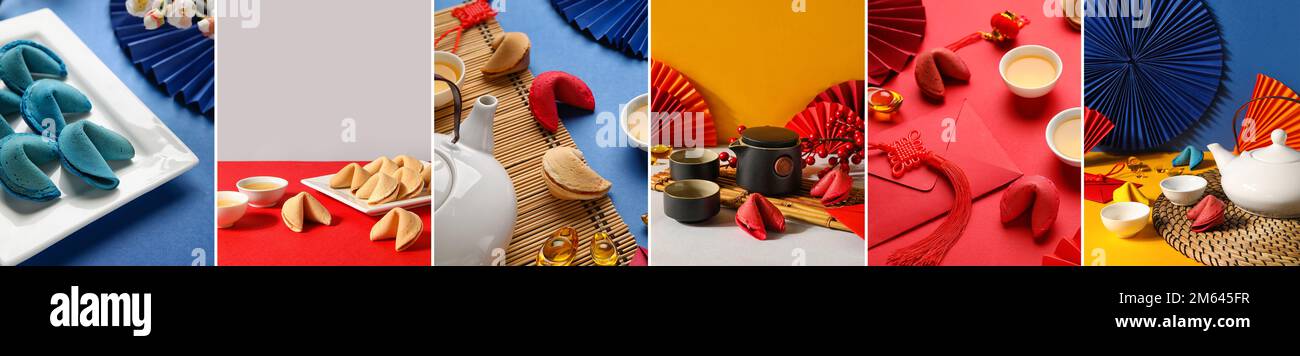 Set of tasty fortune cookies with tea and Chinese symbols of New Year ...