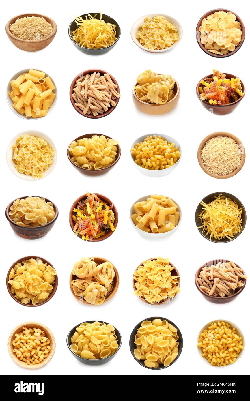 Collage of different types of Italian pasta in bowls on white ...