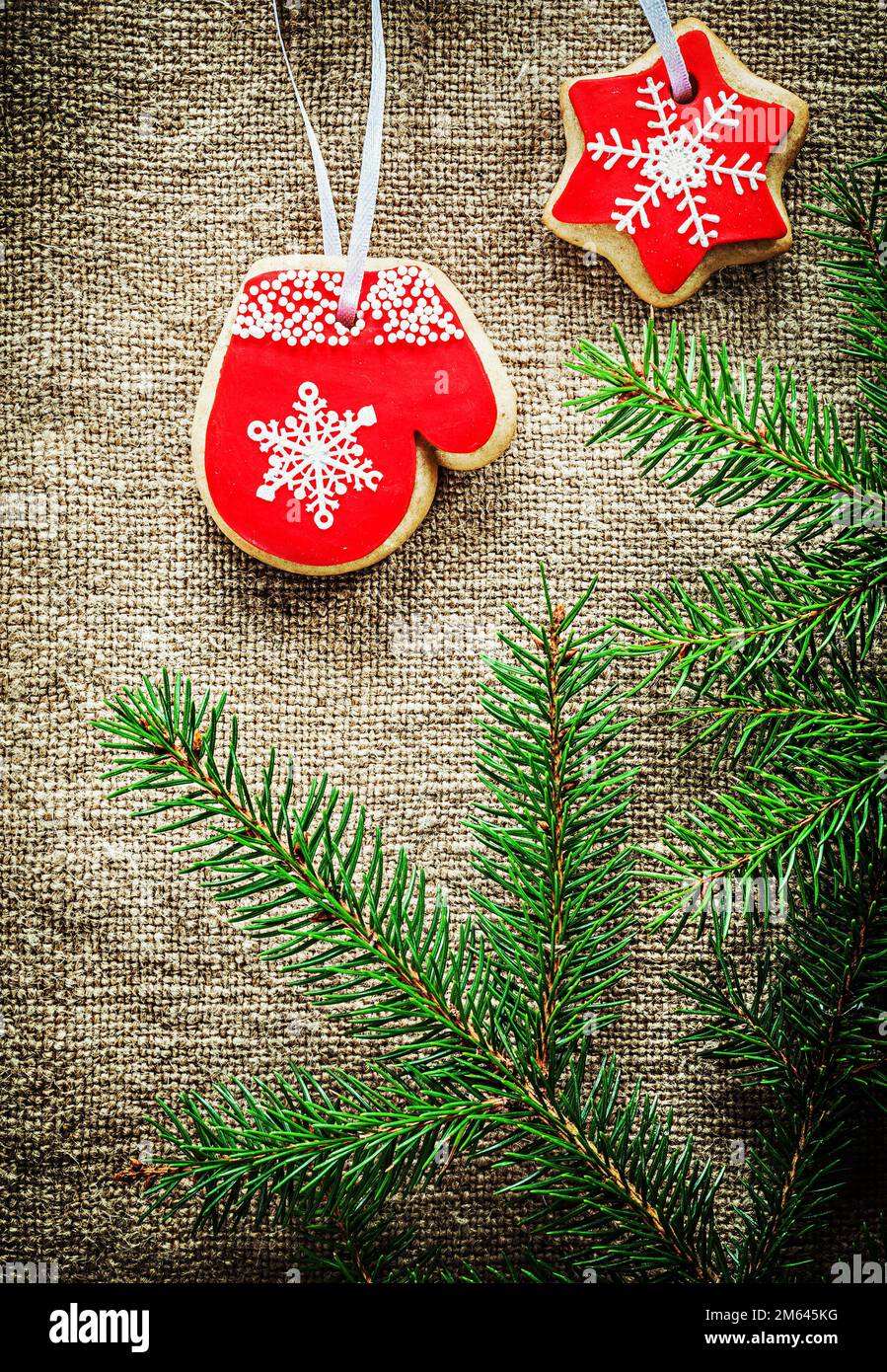 Pine tree branches Christmas gingerbread biscuits on bagging background ...