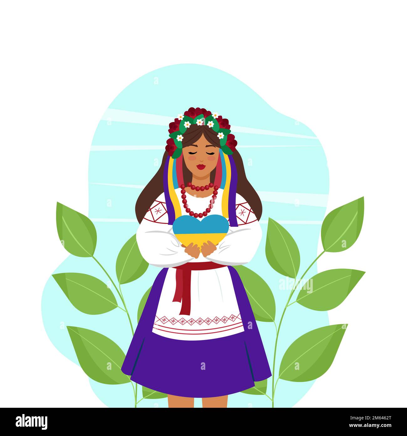 A Ukrainian woman in national clothes holds a yellow-blue heart in her ...