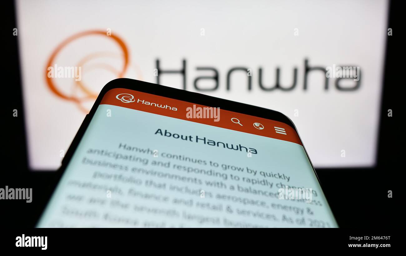 Mobile phone with website of South Korean company Hanwha Group on ...