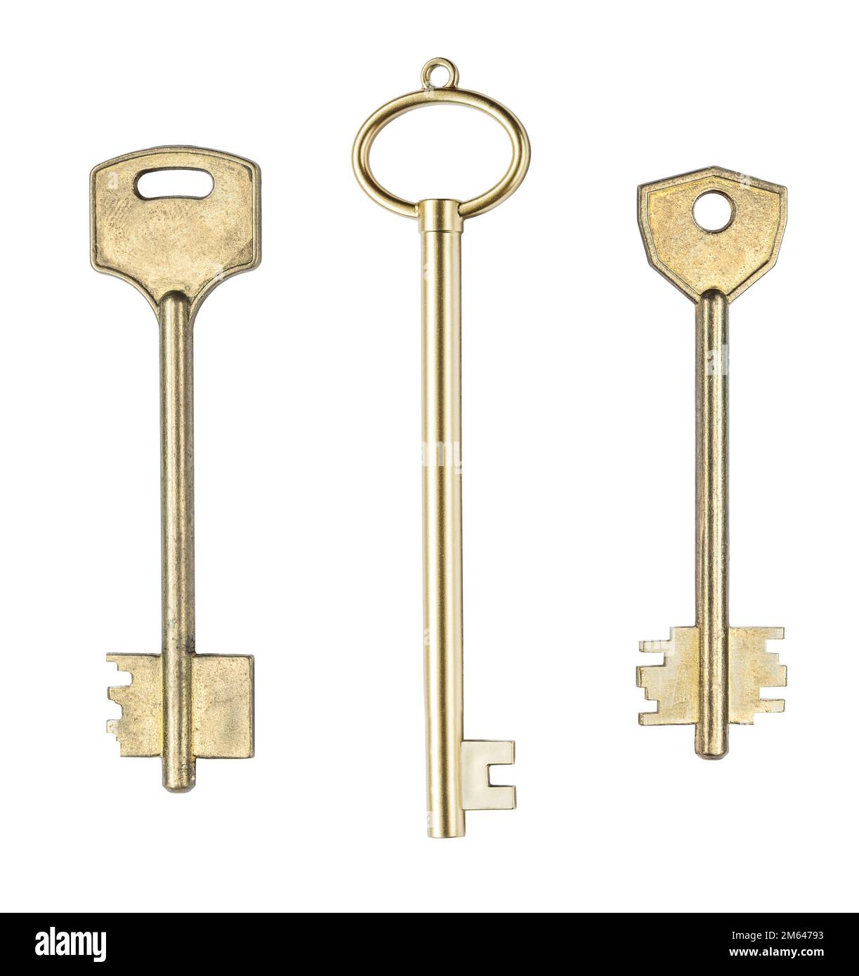 set of three brass house doors keys isolated on white background Stock ...