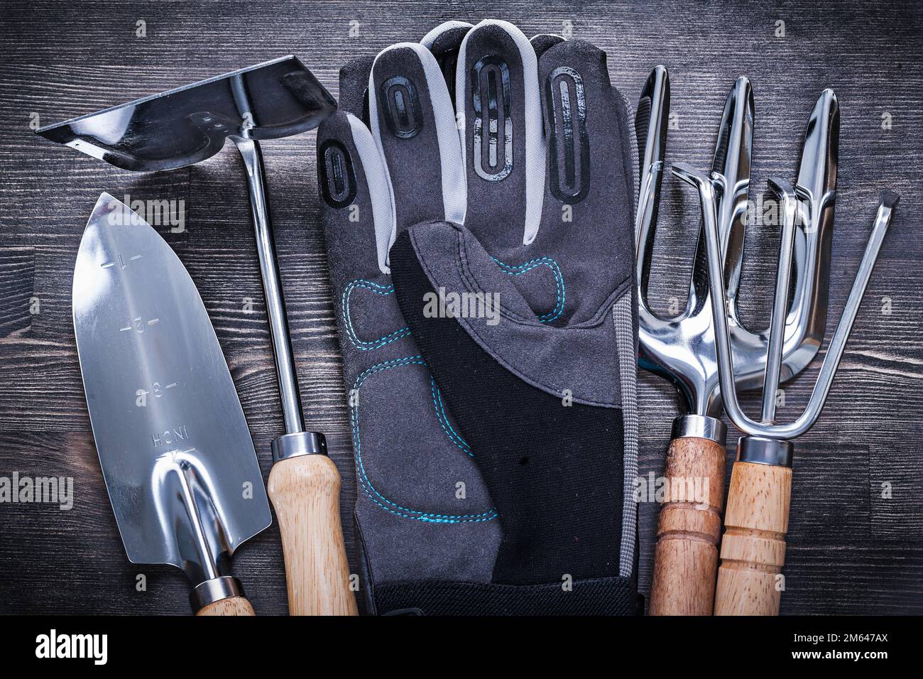 Spade garden hoe rake trowel fork safety gloves gardening concept Stock ...