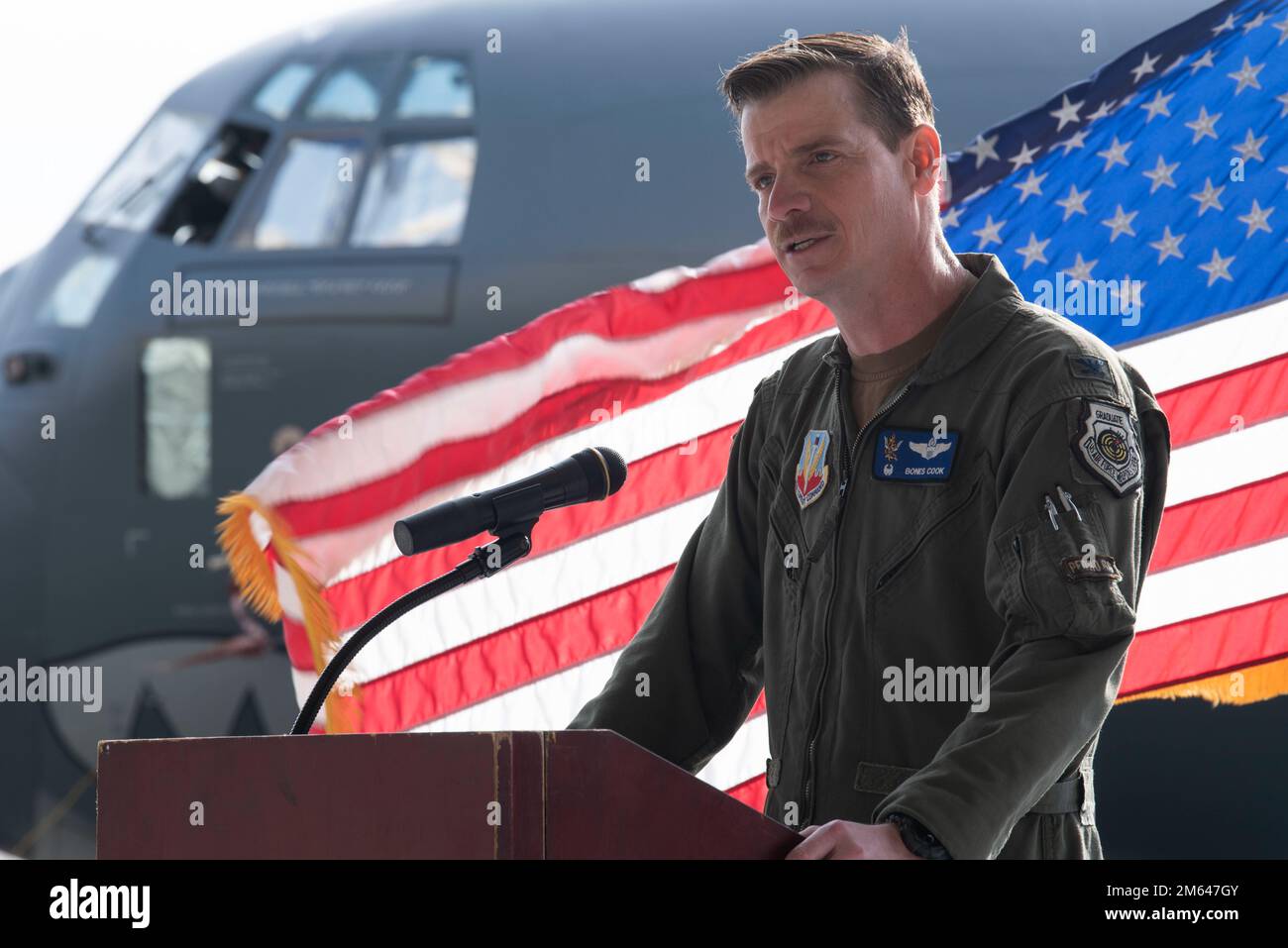 U.S. Air Force Col. Russell “Bones” Cook, 23rd Wing commander, delivers ...