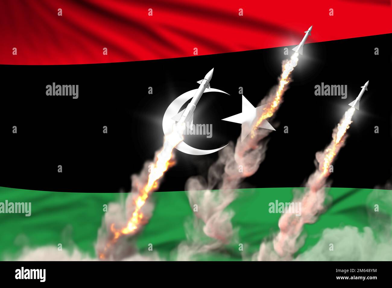 Modern strategic rocket forces concept on flag fabric background, Libya ...