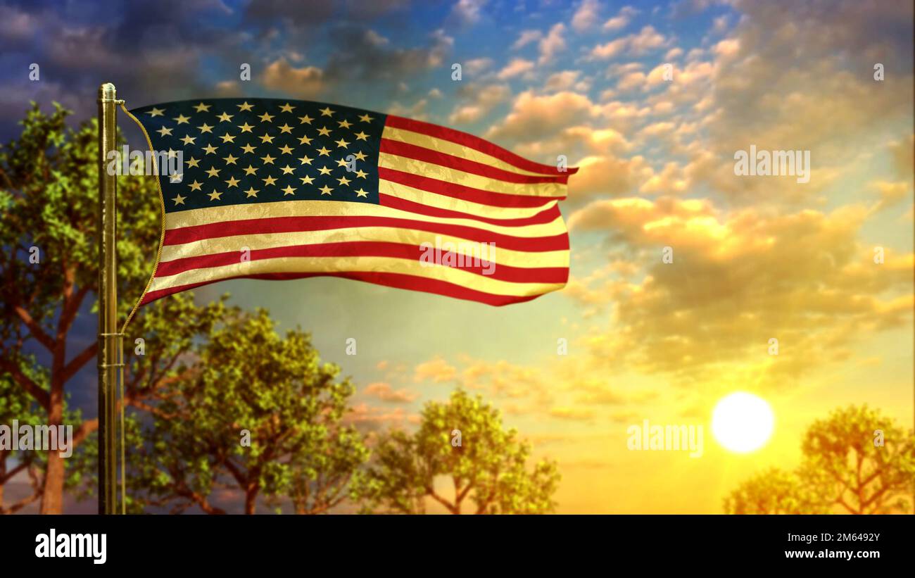 waving flag of USA at sunrise for day of the flag - abstract 3D ...