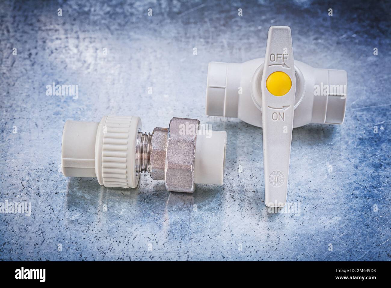 Water valve threaded pipe connectors on metallic surface construction ...