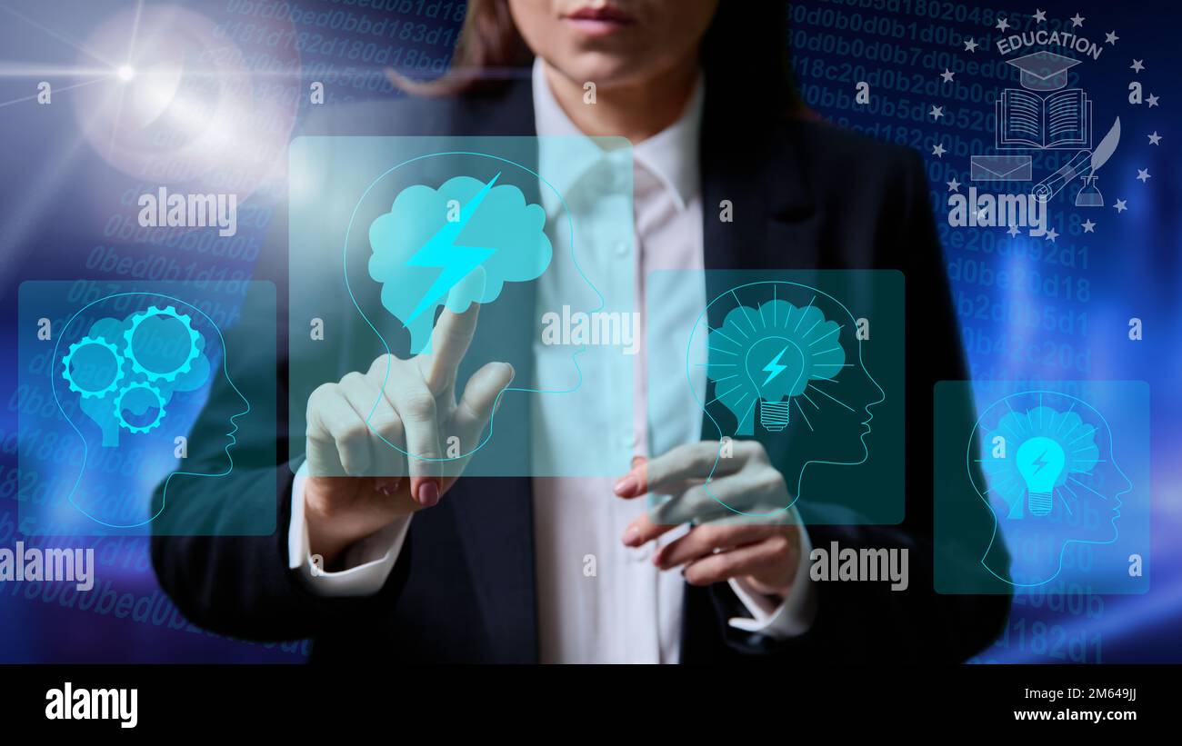 E-learning, teaching, female educator working with virtual digital ...