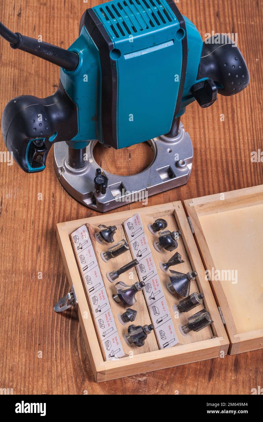 woodworking tools – set of roundover router bits in box and plunge ...