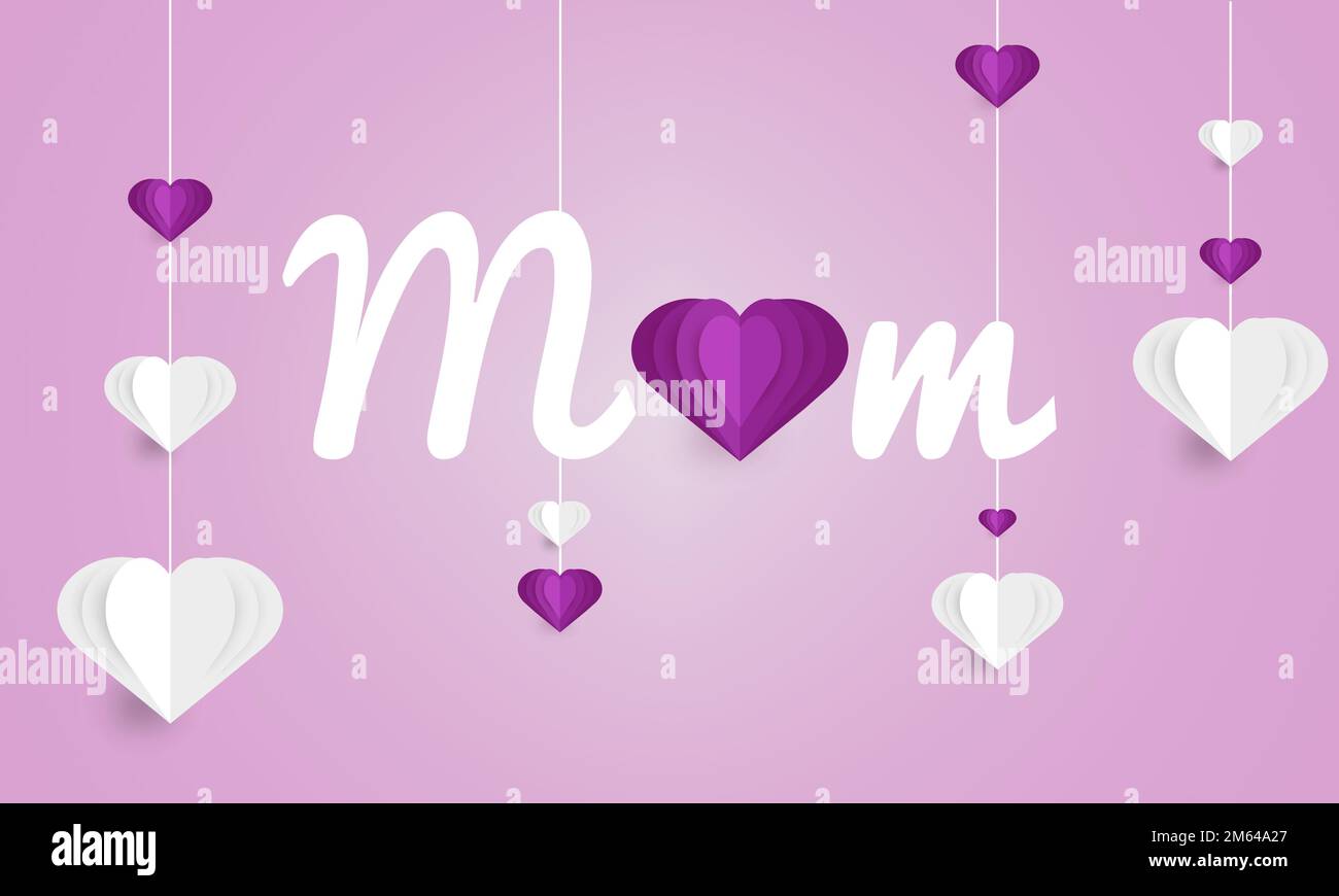Mom word with flying paper hearts embossed on purple background. Vector ...