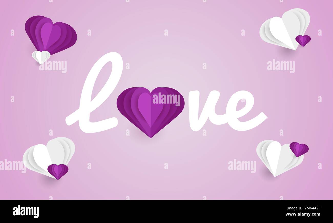 Purple background with paper hearts and the word love. Paper art Vector ...