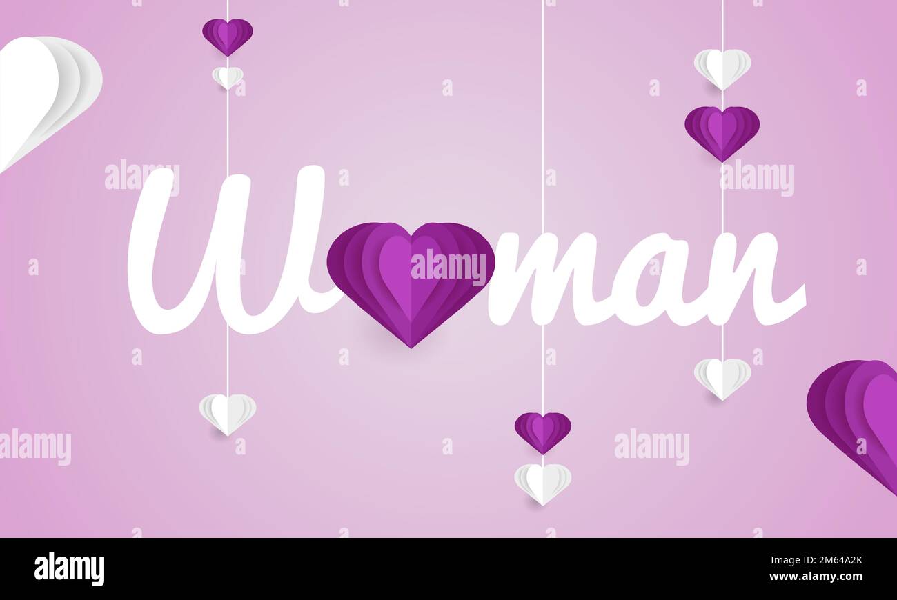 Woman word with paper hearts flying on purple background. Paper art ...