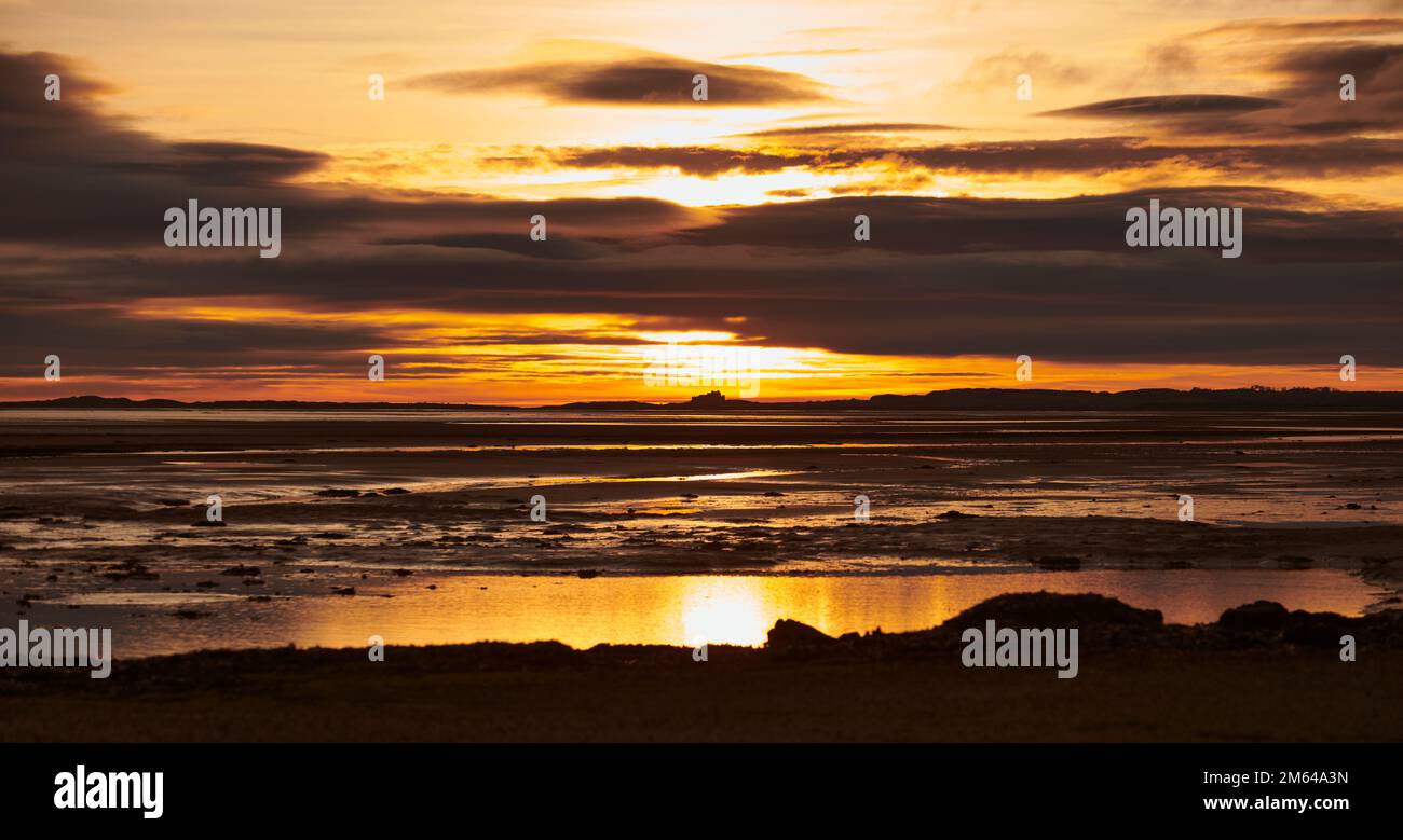 Bamburgh Castle at sunset looking across the mudflats to the castle ...